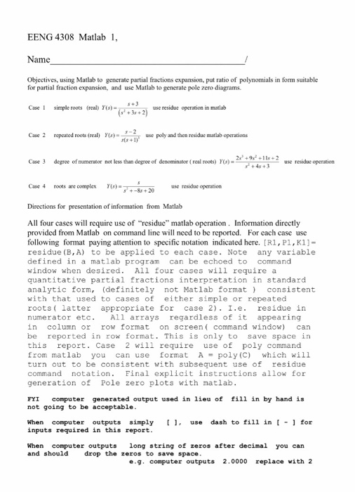 Solved EENG 4308 Matlab 1 Name objectives, using Matlab to | Chegg.com