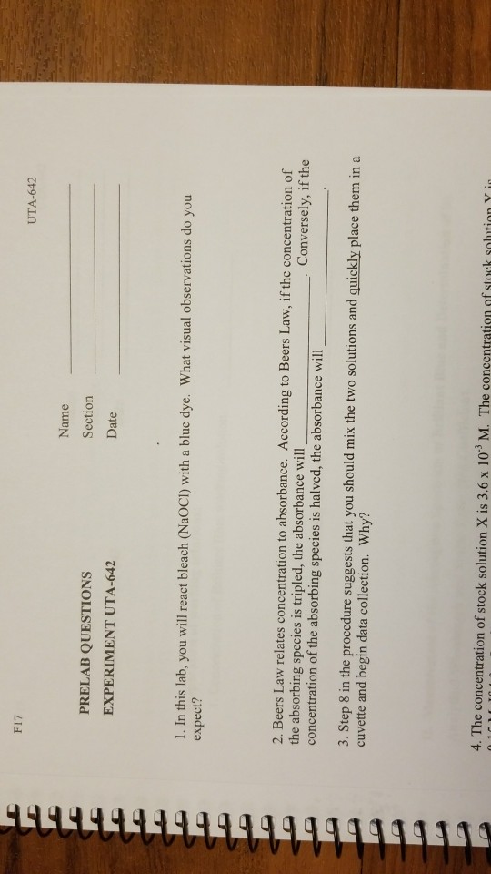 Solved F17 UTA-642 PRELAB QUESTIONS EXPERIMENT UTA-642 Name | Chegg.com