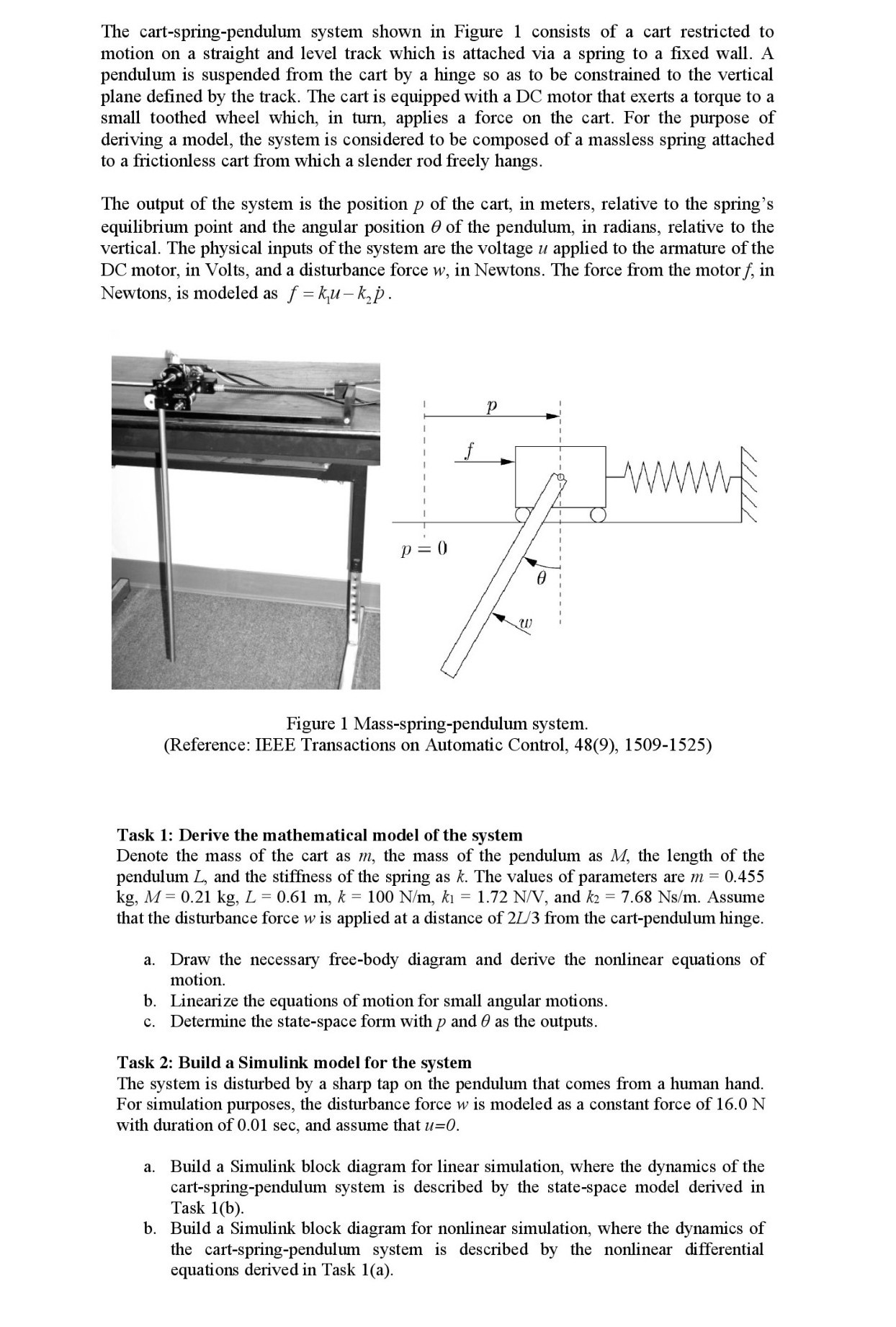 Solved The cart-spring-pendulum system shown in Figure 1 | Chegg.com