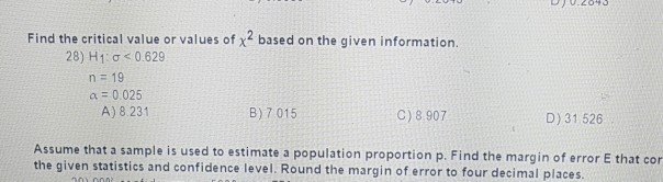 Solved Find the critical value or values of x2 based on the | Chegg.com