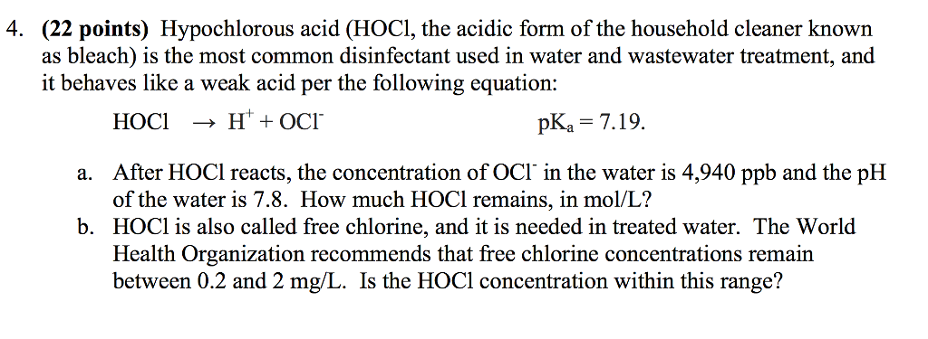 Solved Hypochlorous acid (HOC1, the acidic form of the | Chegg.com
