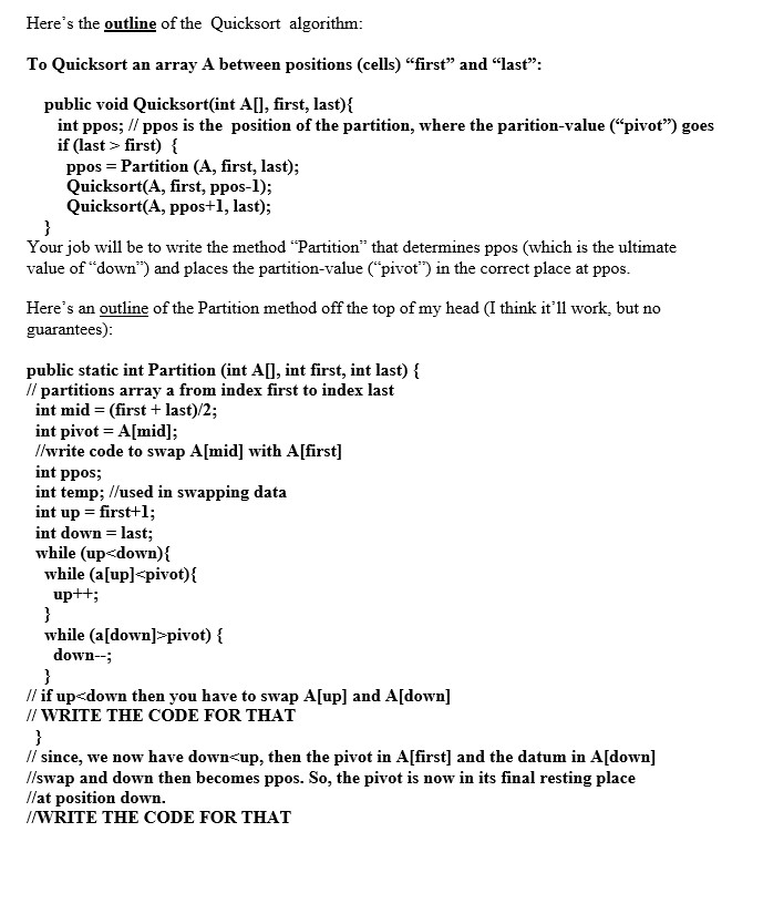 Solved Here's the outline of the Quicksort algorithm: To | Chegg.com