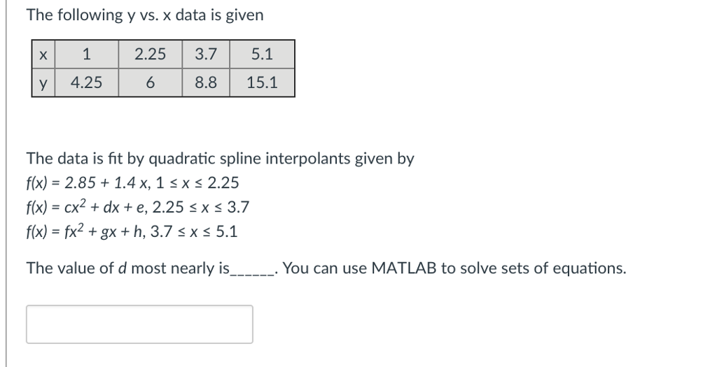 Solved The following y vs. x data is given x 1 2.25 3.75.1 y | Chegg.com