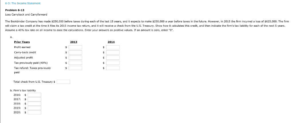 Solved 6-3: The Income Statement Problem 6-13 Loss Carryback | Chegg.com