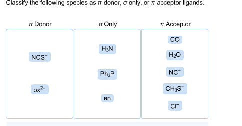 Solved Classify the following species as π-donor, σ only, or | Chegg.com