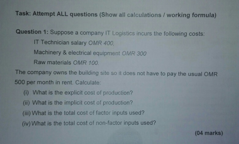 Solved explicit cost , implicit cost , factor input and non | Chegg.com