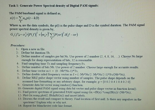 Task 1: Generate Power Spectral density of Digital | Chegg.com