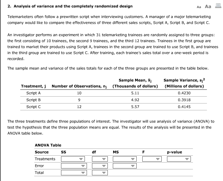 Solved 2. Analysis of variance and the completely randomized | Chegg.com