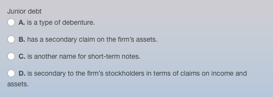 Solved Junior debt A. is a type of debenture. B. has a | Chegg.com