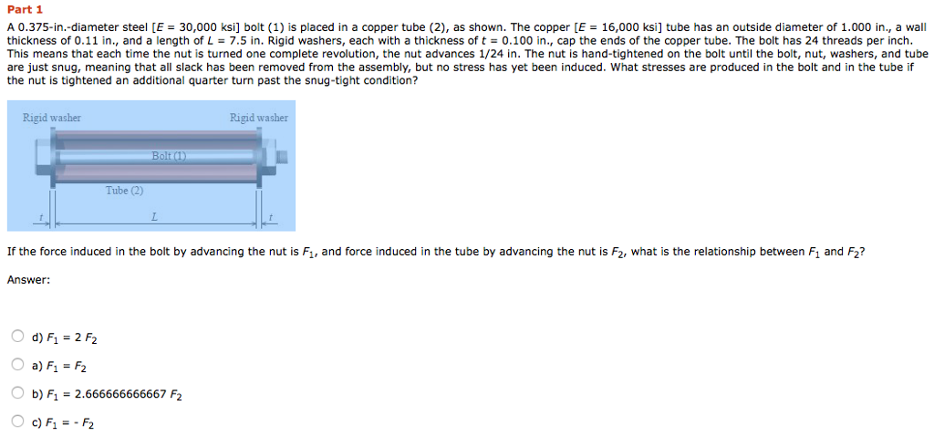 Solved A 0.375-in.-diameter steel [5 = 30,000 ksi] bolt (1) | Chegg.com