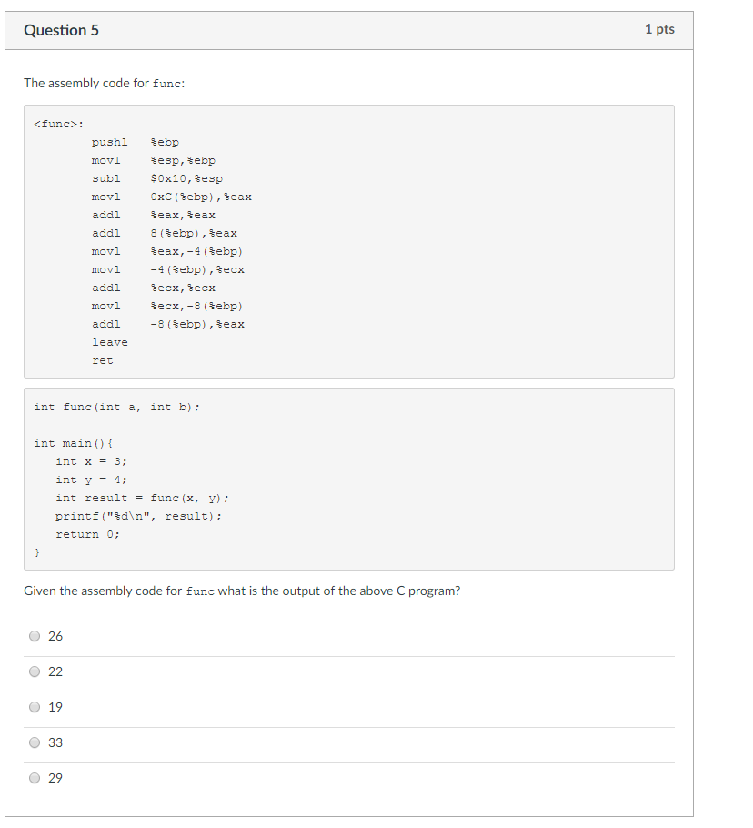 Question 5 The assembly code for func: | Chegg.com