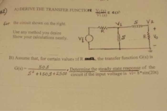 Solved Derive the transfer function V_s (s)/V_i (s) For the | Chegg.com