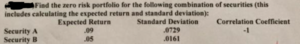 Solved Find the zero risk portfolio for the following | Chegg.com