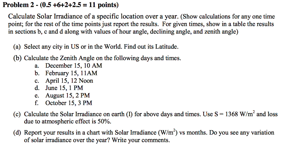 Calculate Solar Irradiance of a specific location | Chegg.com