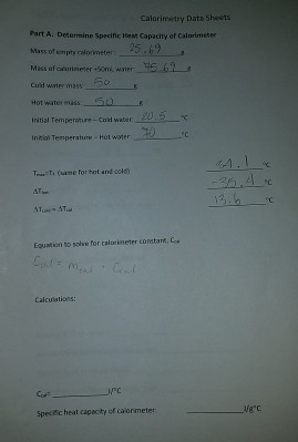 Solved Calorimetry Data Sheets Part A. Determi specific Heat | Chegg.com