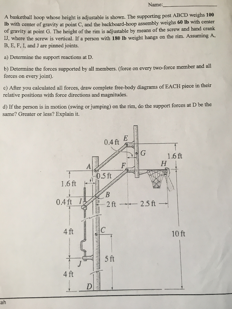 Solved Name: A basketball hoop whose height is adjustable is | Chegg.com