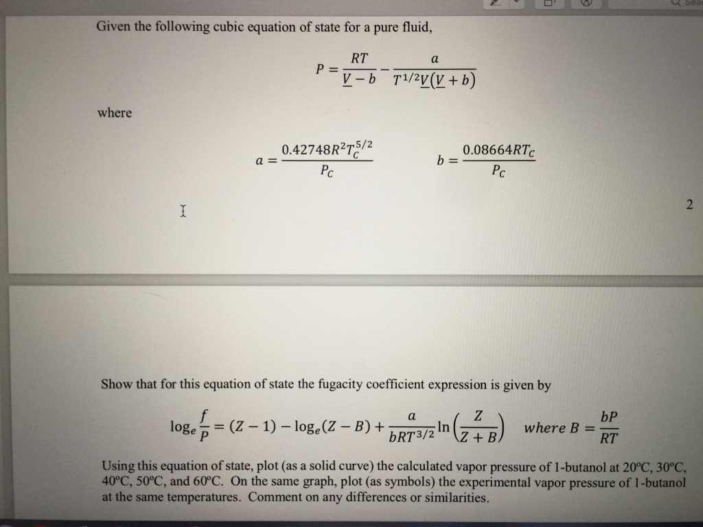Given the following cubic equation of state for a | Chegg.com
