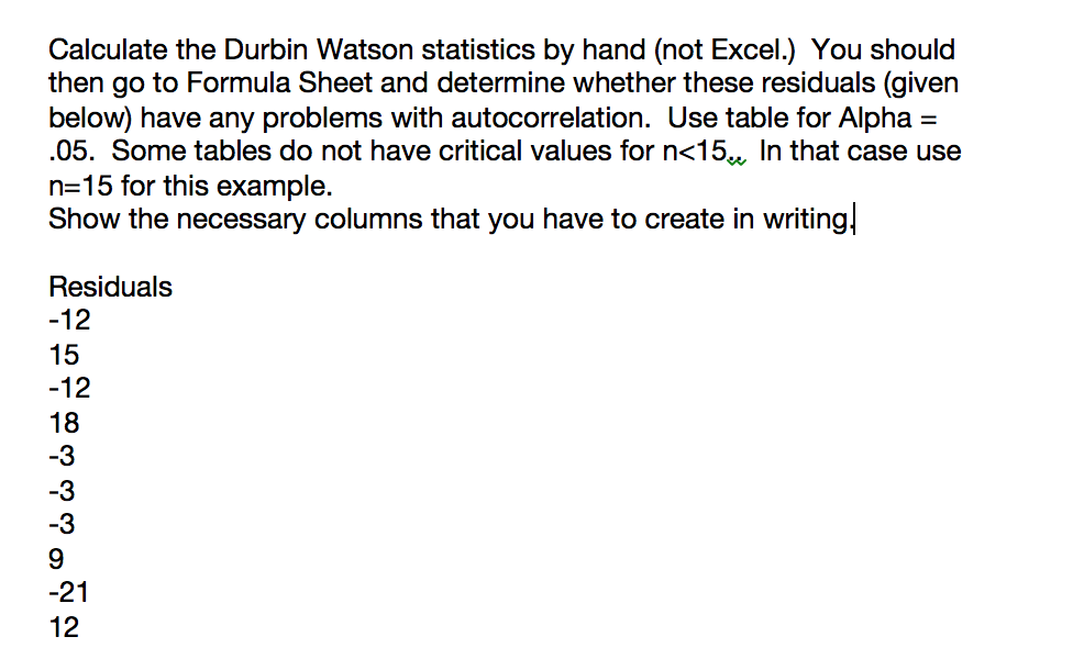 Solved Calculate the Durbin Watson statistics by hand (not | Chegg.com