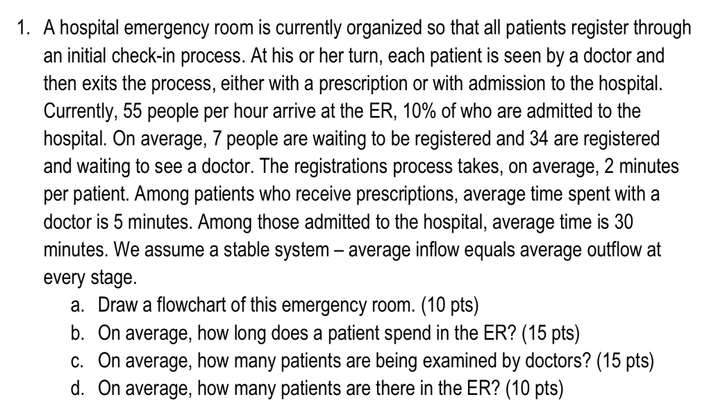 Solved 1. A hospital emergency room is currently organized | Chegg.com