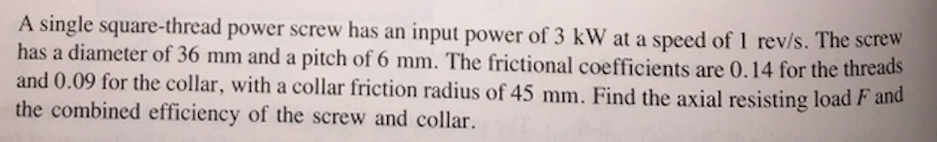 Solved A single square-thread power screw has an input power | Chegg.com
