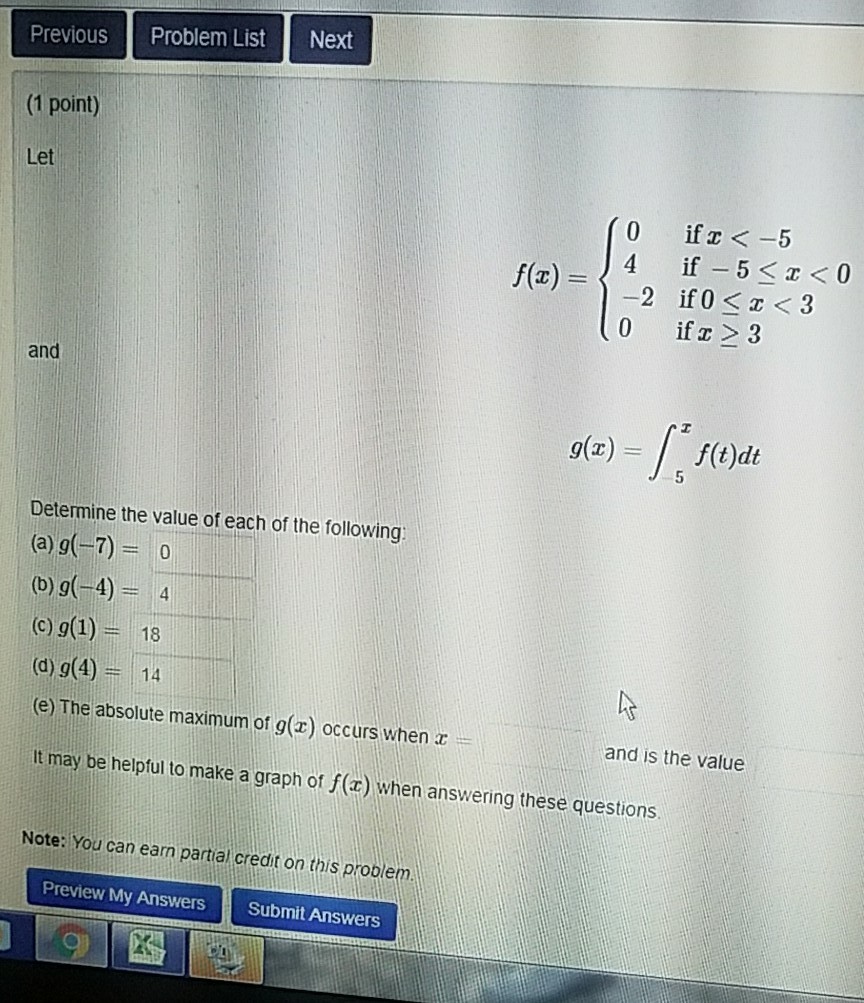 Solved Previous Problem List Next (1 point) Let f(x) = 2 if | Chegg.com