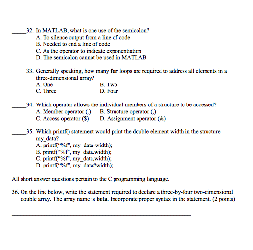 Solved In MATLAB, what is one use of the semicolon? A. To | Chegg.com