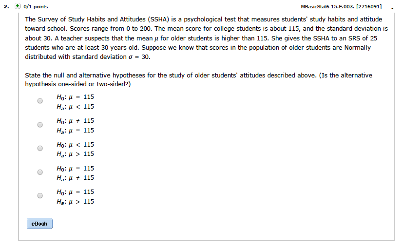 Solved The Survey of Study Habits and Attitudes (SSHA) is a | Chegg.com