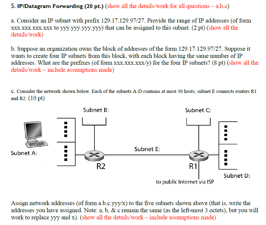 Solved 5. IP/Datagram Forwarding (20 pt.) (show all the | Chegg.com