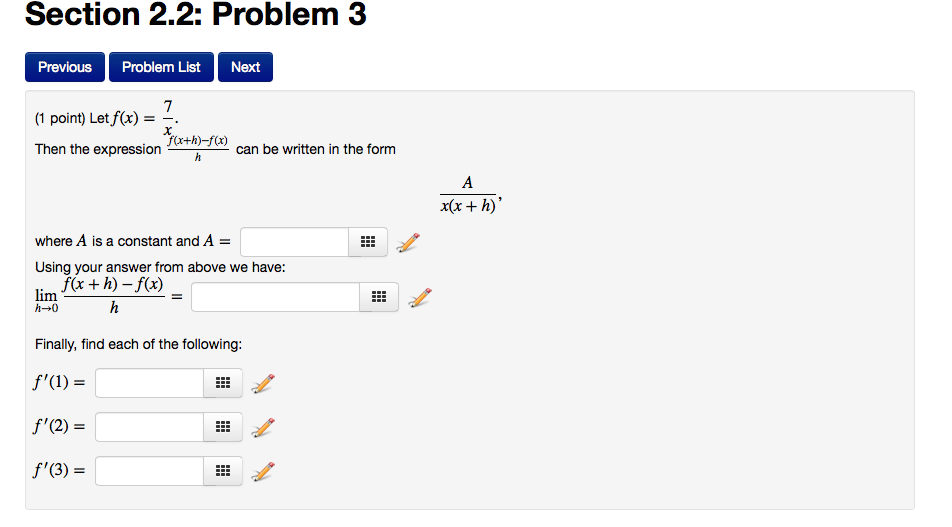 Solved Let f(x) = 7/x. Then the expression f(x+h) -f(x)/h | Chegg.com Solved Let f(x) = 7/x. Then the expression f(x+h) -f(x)/h | Chegg.com