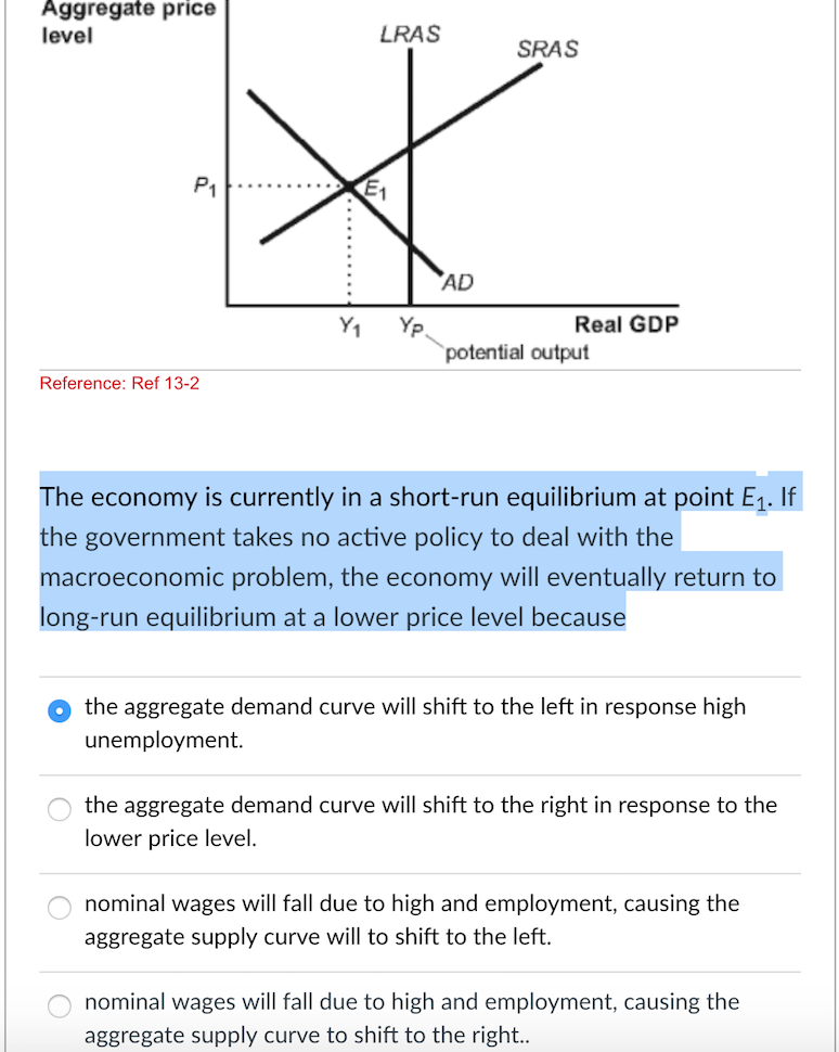 Solved Aggregate price level LRAS SRAS AD Y1 Yp Real GDP | Chegg.com