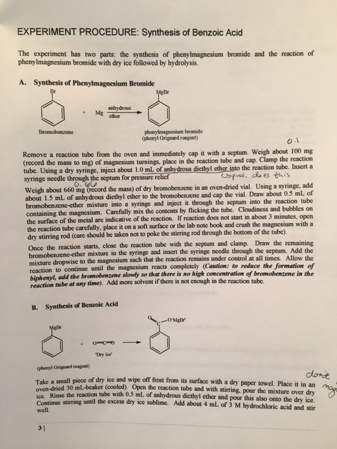 Solved GRIGNARD REAGENT - SYNTHESIS OF BENZOIC ACID Can | Chegg.com