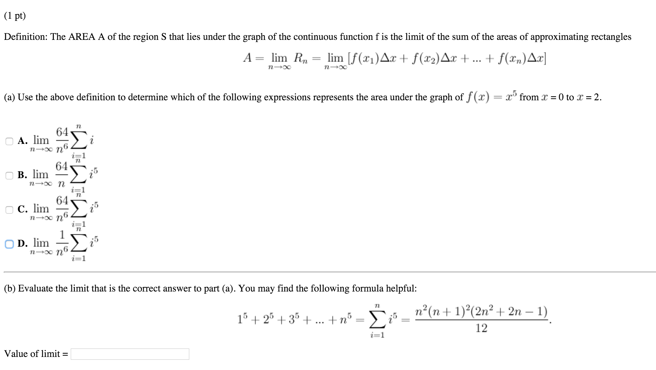 Solved (1 pt) Definition: The AREA A of the region S that | Chegg.com
