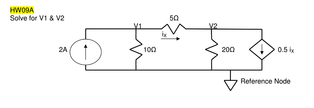 Solved HW09A Solve for V1 & V2 2A 50 A Vi 100 V2 200 0.5 ix. | Chegg.com