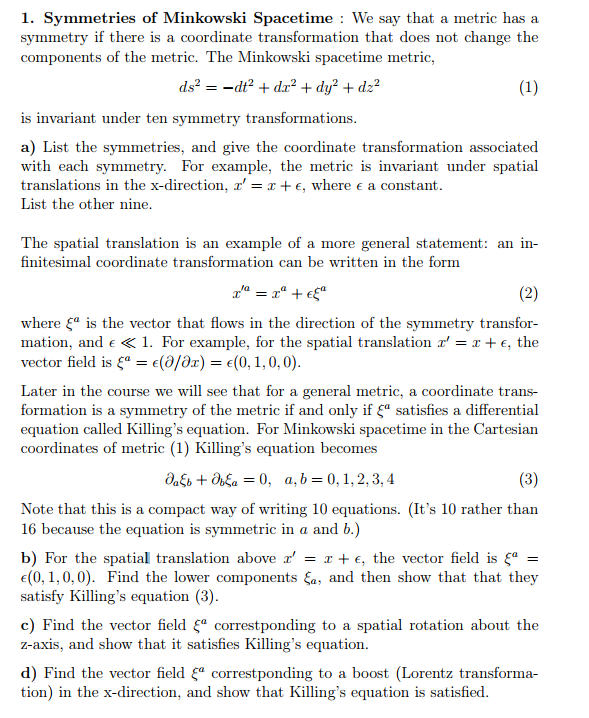 1. Symmetries of Minkowski Spacetime: We say that a | Chegg.com