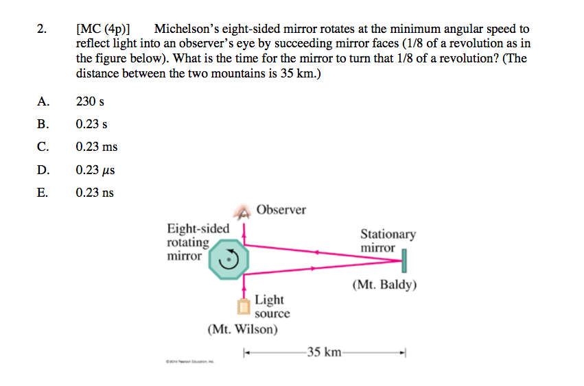 Solved 2. MC (4p) Michelson's eight-sided mirror rotates at | Chegg.com