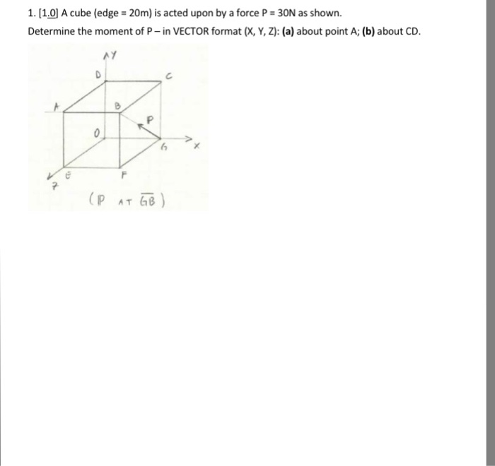 Solved A cube (edge = 20m) is acted upon by a force P = 30N | Chegg.com