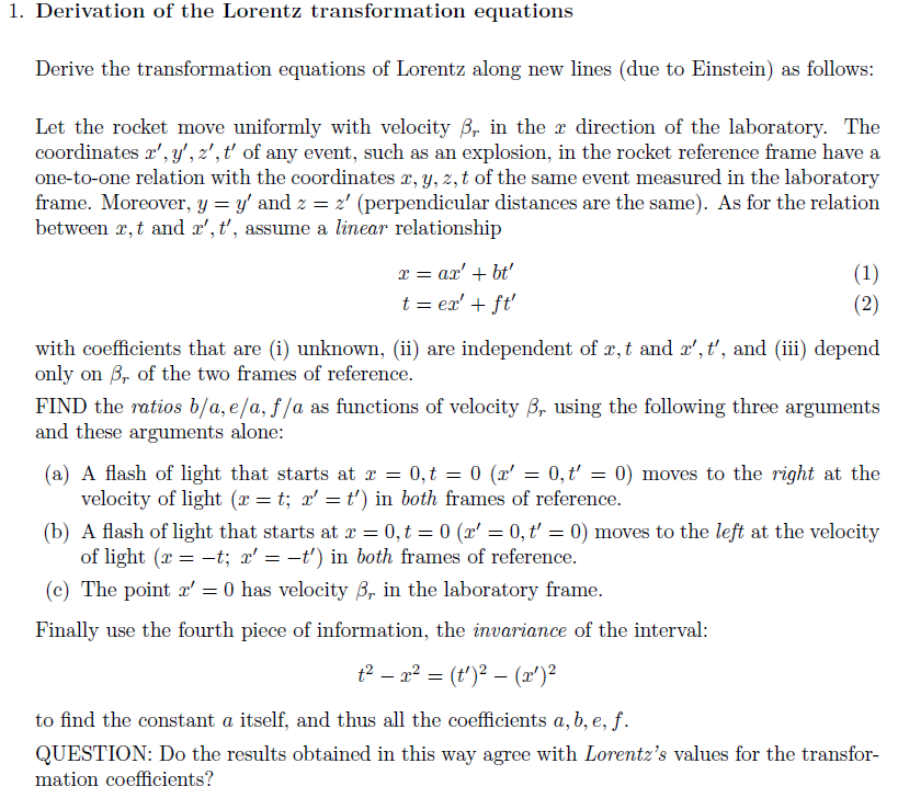 Solved Derive the transformation equations of Lorentz along | Chegg.com