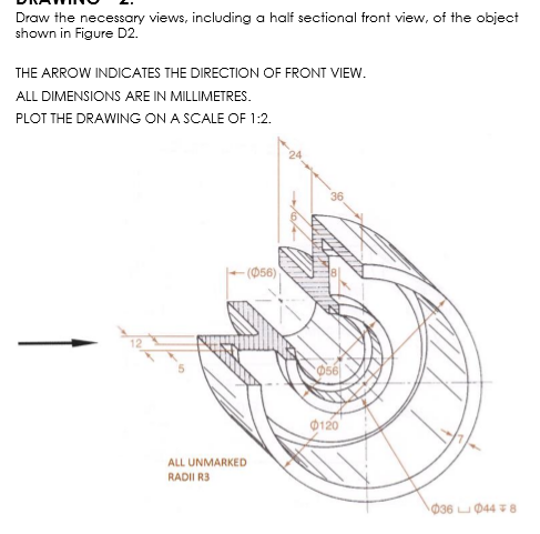Solved Draw the necessary views, including a half sectional | Chegg.com