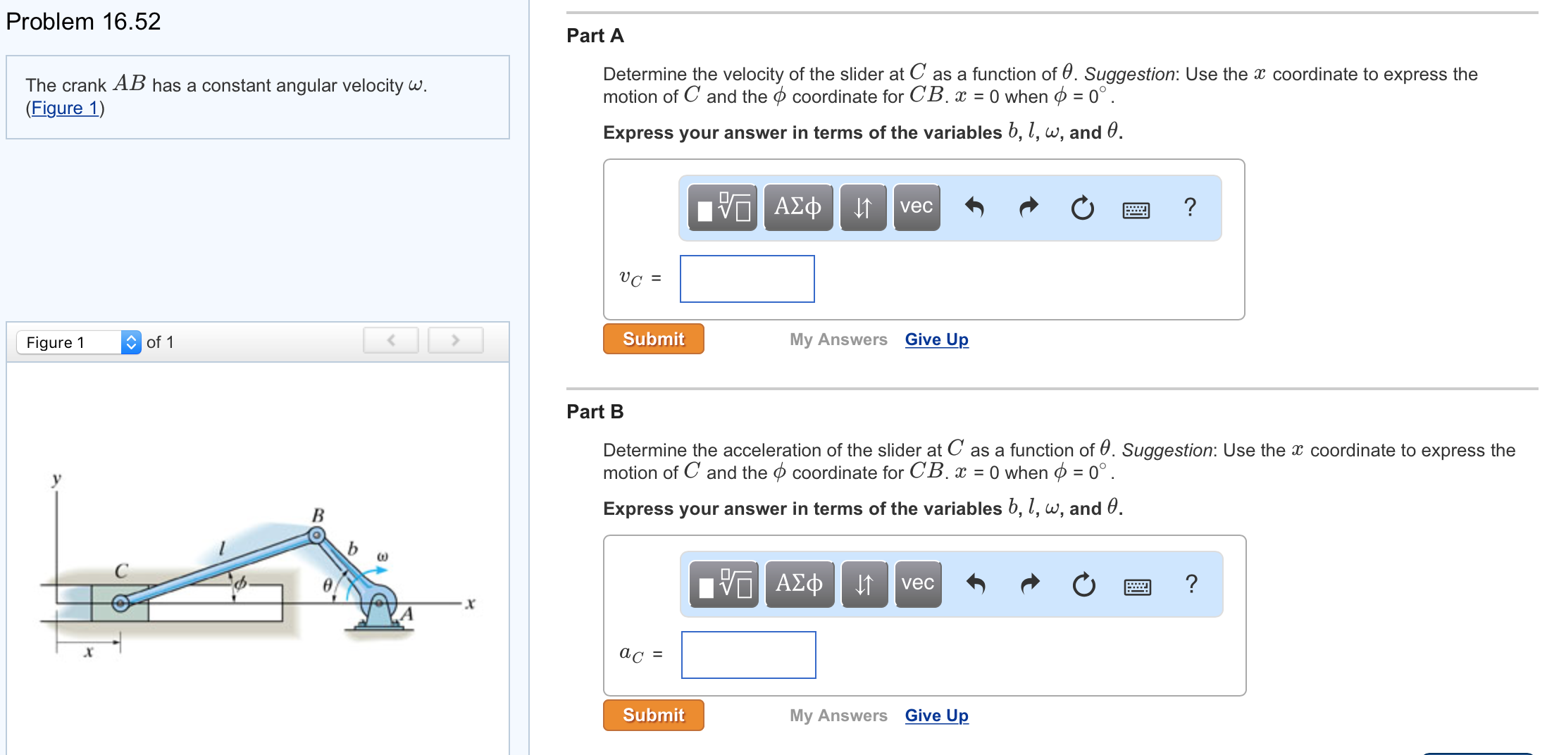 Solved The crank AB has a constant angular velocity omega. | Chegg.com