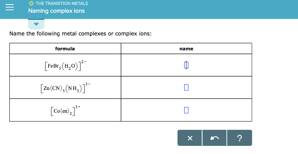 Solved O THE TRANSITION METALS Naming complex ions Name the | Chegg.com