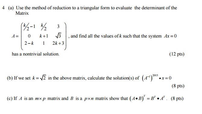 Solved (a) Use the method of reduction to a triangular form | Chegg.com