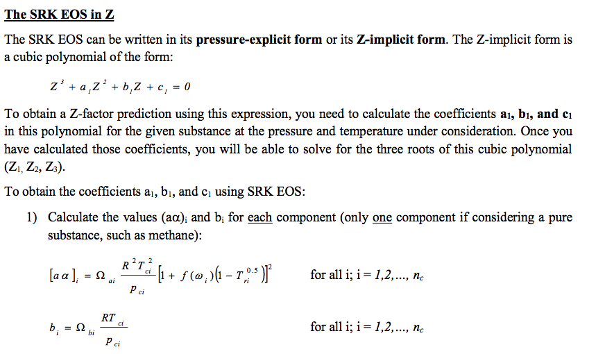 The SRKEOS in Z The SRK EOS can be written in its | Chegg.com