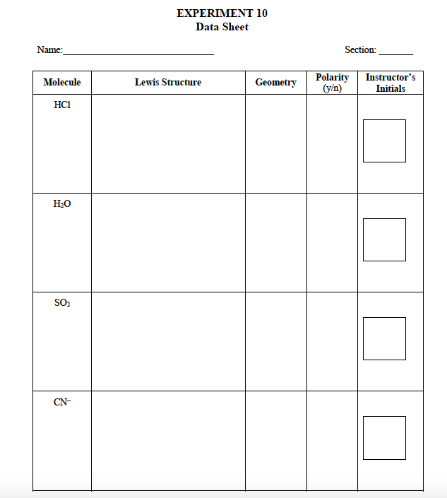 Solved Name: Molecule HC1 H20 SO2 EXPERIMENT 10 Data Sheet | Chegg.com