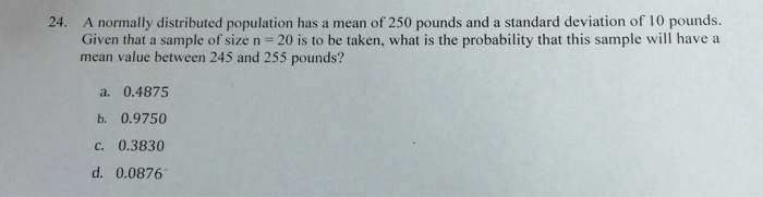 Solved A normally distributed population has a mean of 250 | Chegg.com