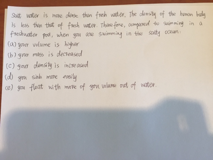 Solved Salt Water is more dense than fresh water. the | Chegg.com
