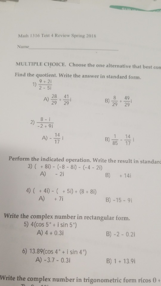 Solved Math 1316 Test 4 Review Spring 2018 Name MULTIPLE | Chegg.com