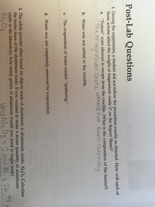 Solved During the experiment, a student did not follow the | Chegg.com