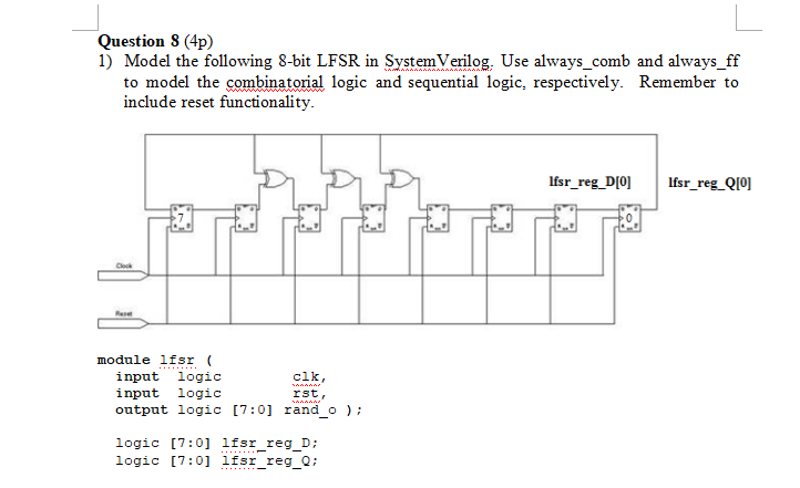 Solved Question 8 (4p) 1) Model the following 8-bit LFSR in | Chegg.com