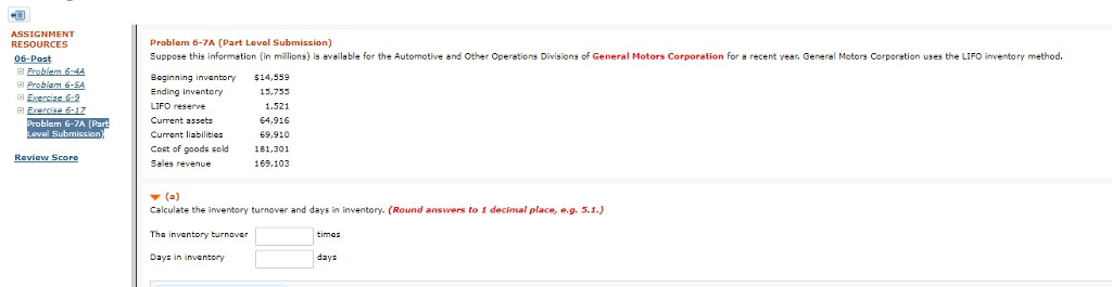 Solved ASSIGNMENT RESOURCES Problem 6-7A (Part Level | Chegg.com