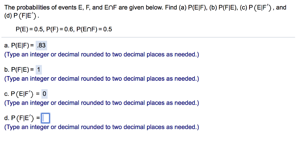Solved The probabilities of events E, F, and E Intersection | Chegg.com